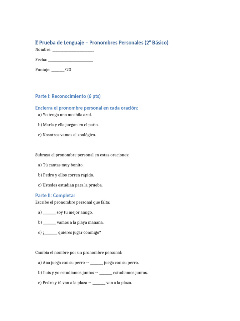 Pronombres, Verbos y Adjetivos 2° Básico | PDF | Verbo | Unidades ...