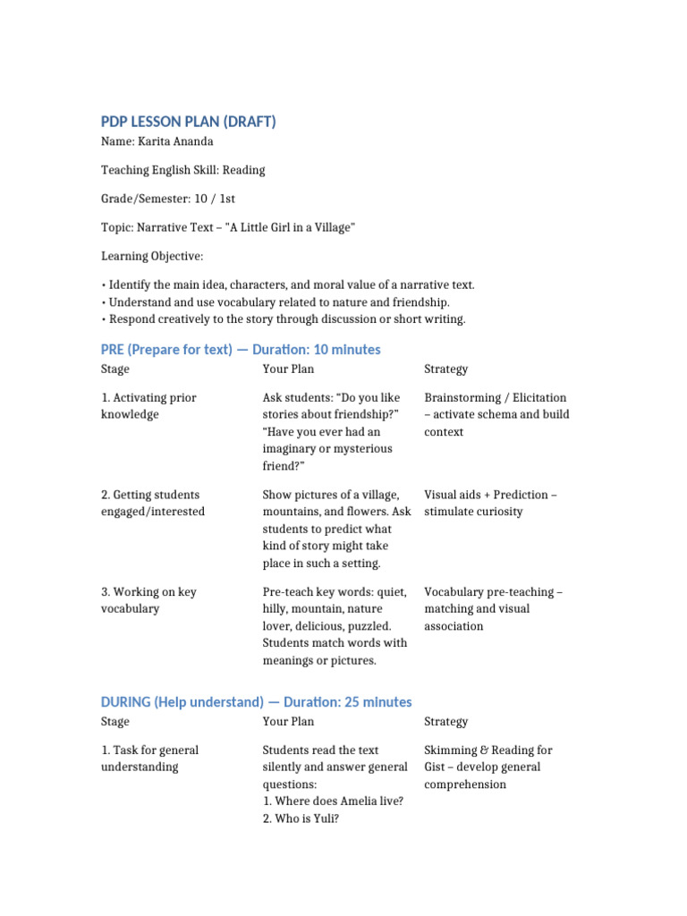 PDP Lesson Plan A Little Girl in A Village | PDF | Reading ...