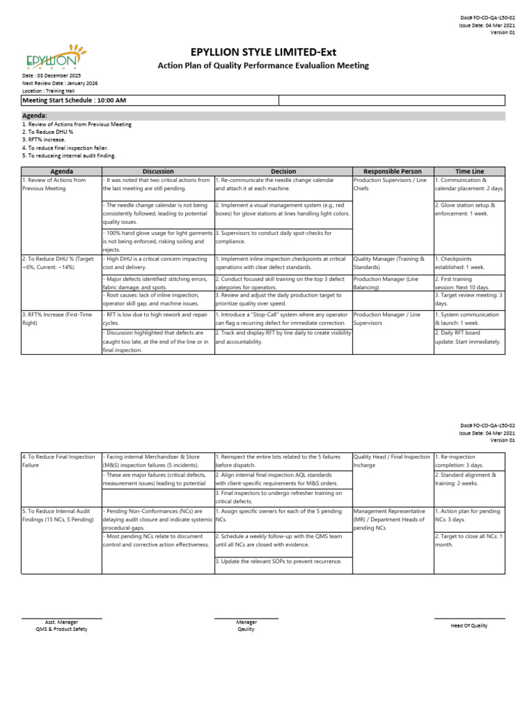 Quality Performance Action Plan Meeting | PDF