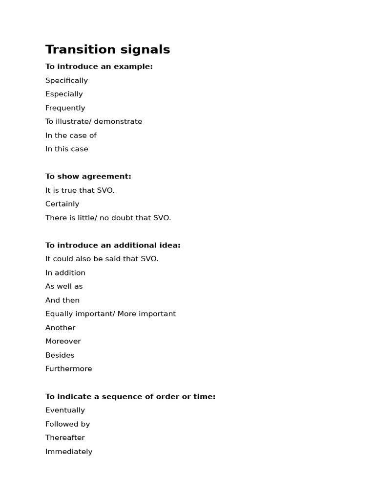 Transition Signals For Writing | PDF
