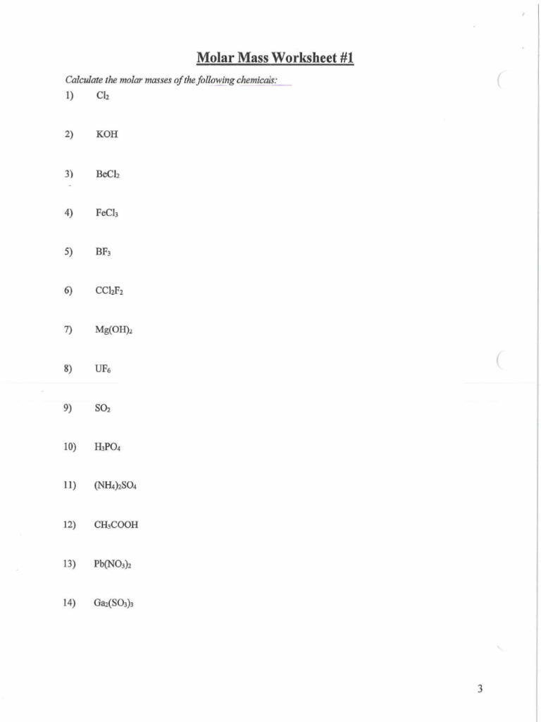 Mole and Molar Mass Worksheet | PDF