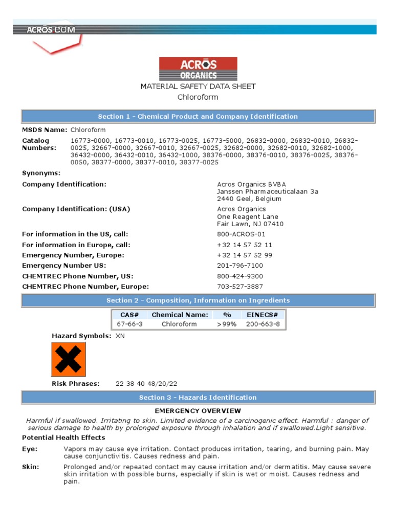 Material Safety Data Sheet Chloroform: Section 1 Chemical Product and ...