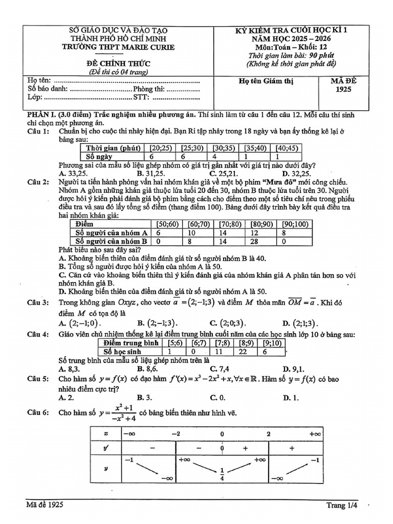 De Cuoi Hoc Ki 1 Toan 12 Nam 2025 2026 Truong Thpt Marie Curie Tp Hcm ...