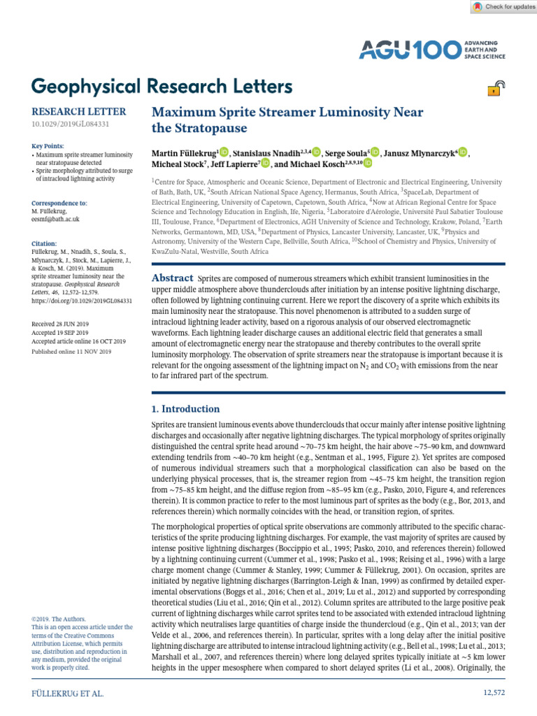 Maximum Sprite Streamer Luminosity Near The Stratopause | PDF ...