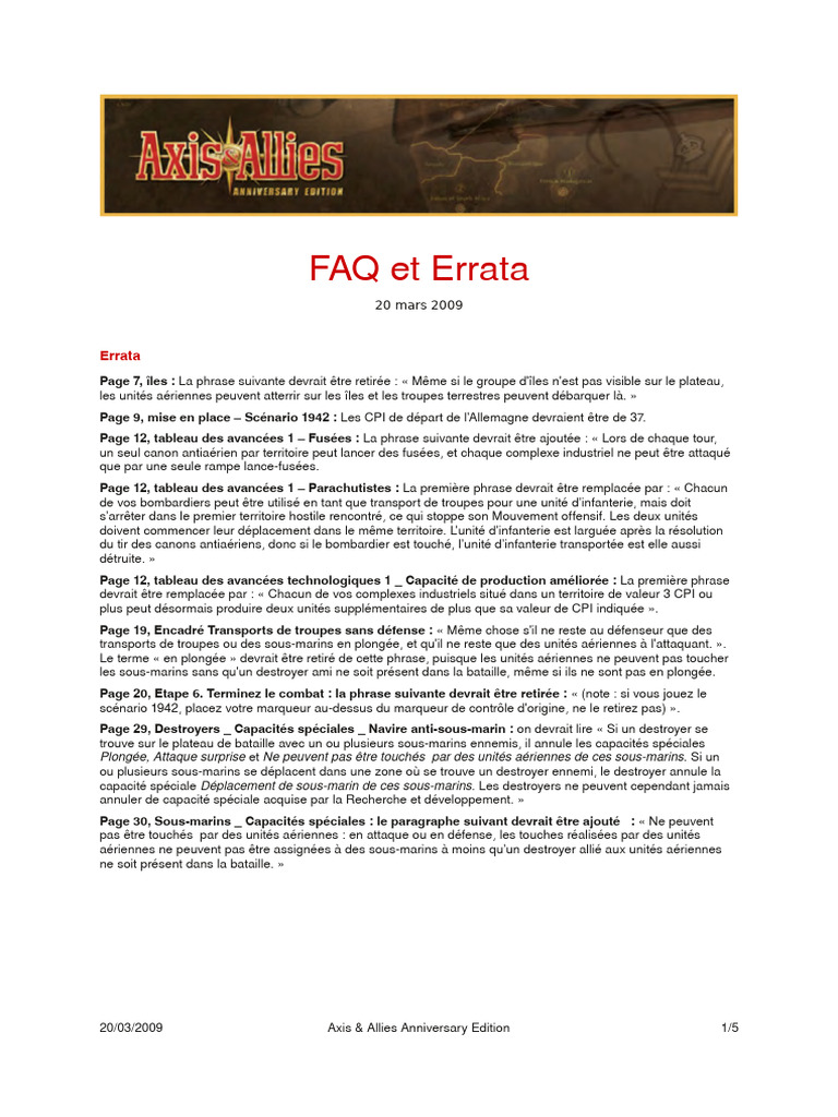 FAQ et Errata Axis & Allies 2009 | PDF | Destructeur | Avion de combat