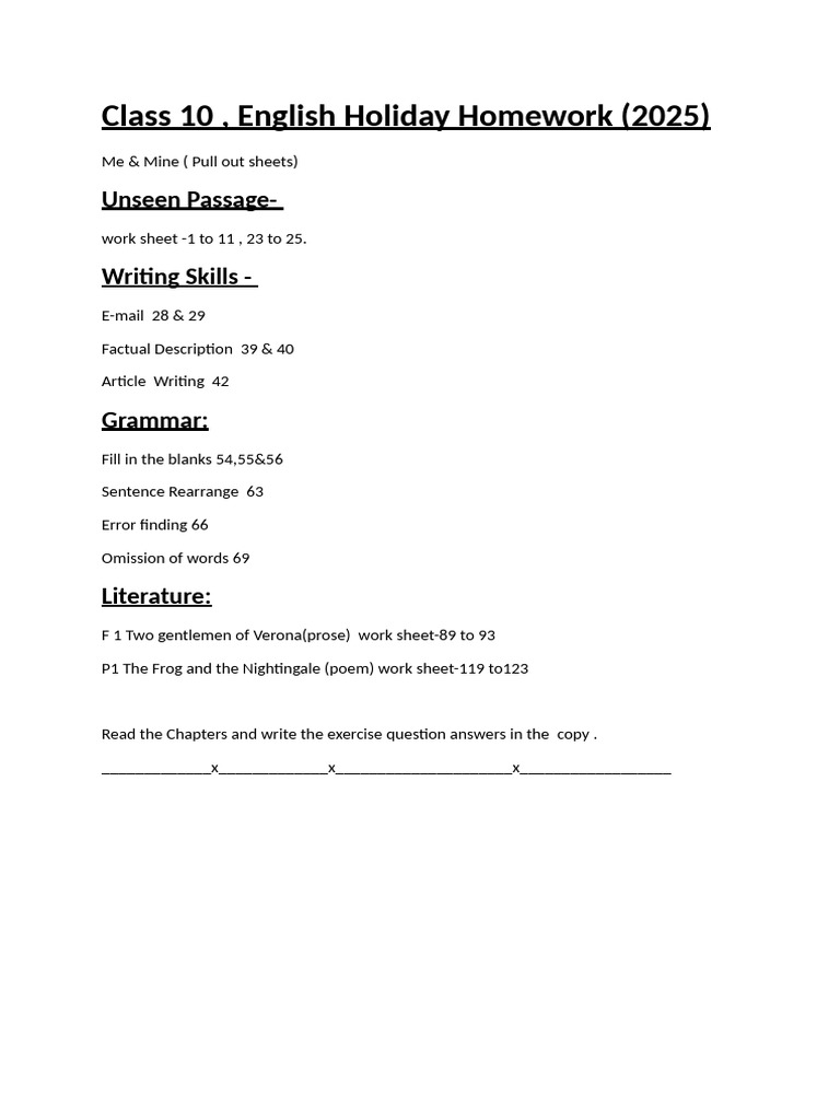 Class 10 English Holiday Homework (2025) | PDF