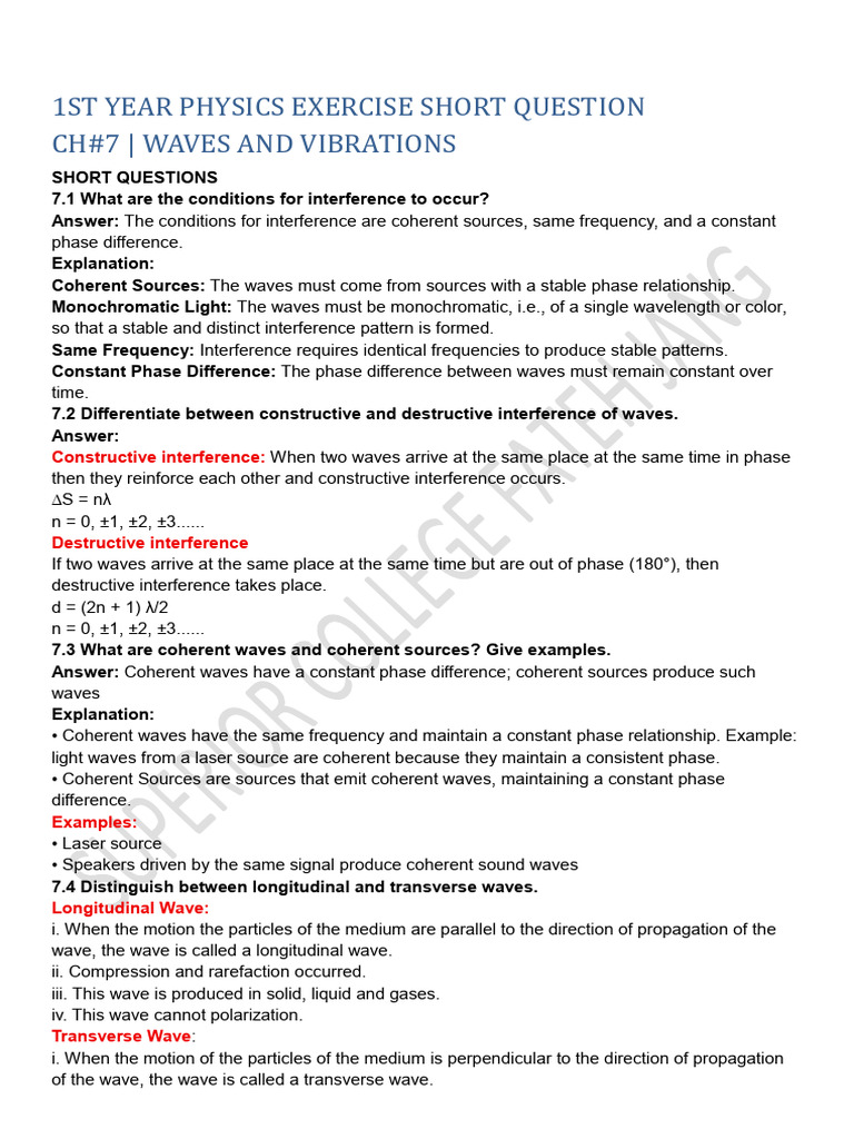 1st Year Physics Exercise Short Question Chapter 07 | PDF | Waves | Coherence (Physics)