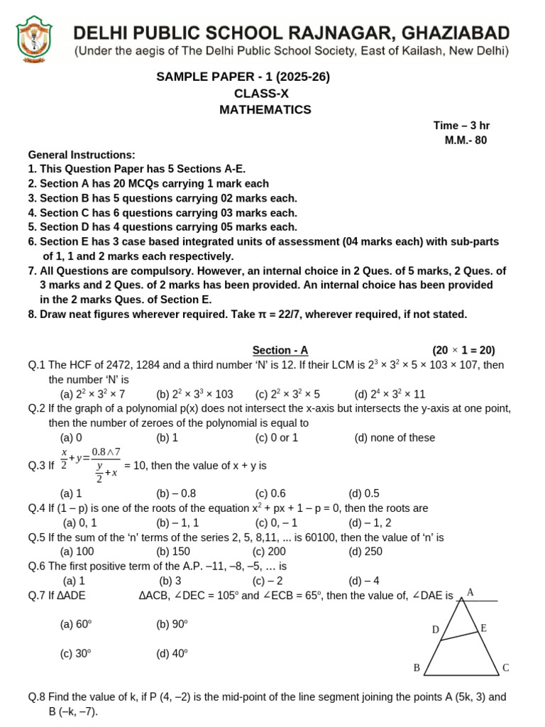 Class X Mathematics Sample Paper 2025-26 | PDF | Area | Sphere