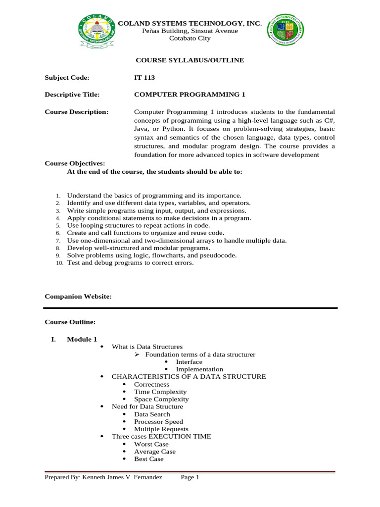 Computer Programming 1 Course Syllabus | PDF | Computer Program ...