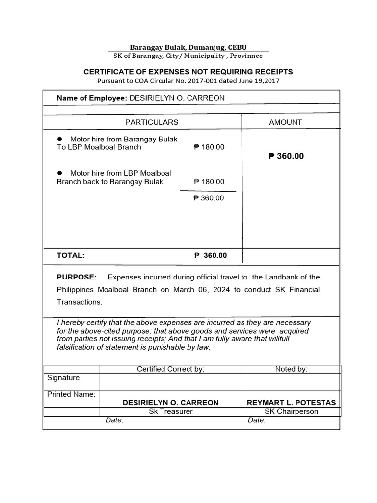 SK Certificate of Expenses - Barangay Bulak | PDF