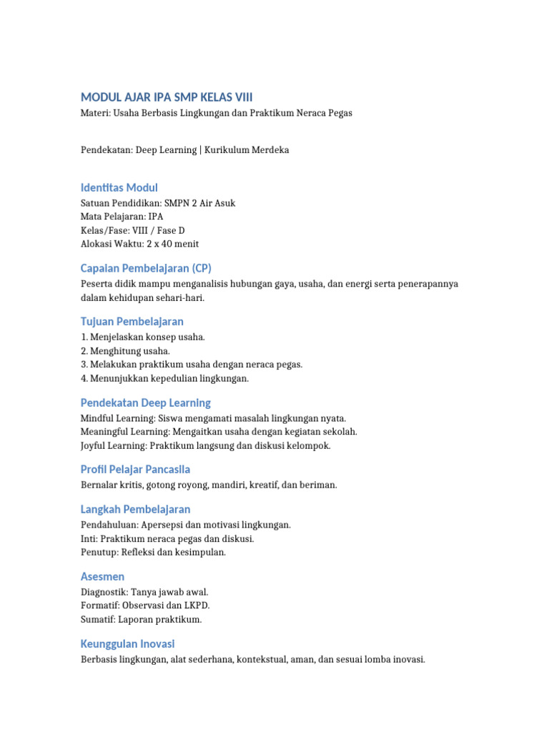 Modul Ajar IPA Kelas VIII: Usaha & Lingkungan | PDF
