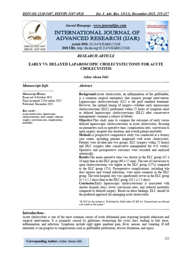 Early vs. Delayed Laparoscopic Cholecystectomy For Acute Cholecystitis ...