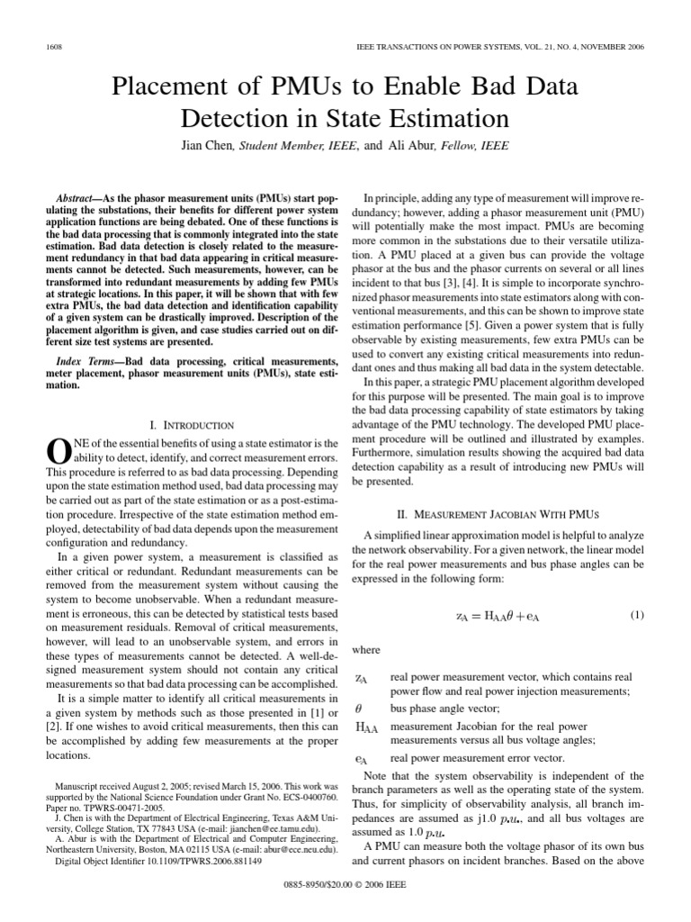 Placement of Pmus To Enable Bad Data Detection in State Estimation ...