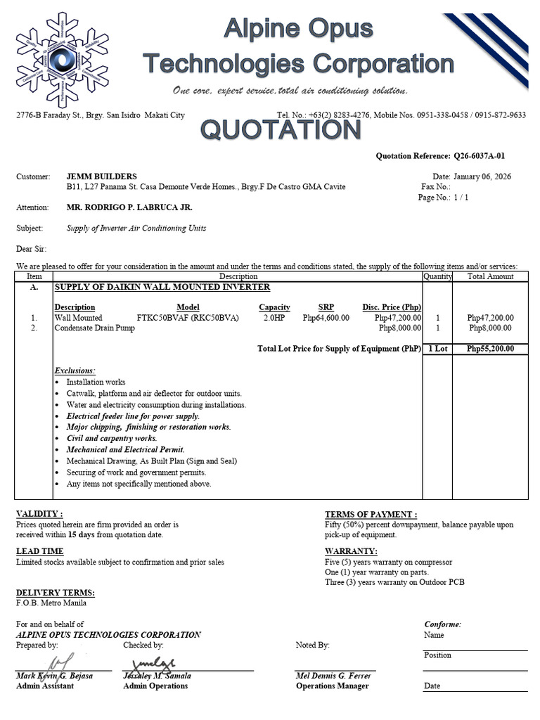 Q26-6037a-01 (Jemm Builders - Supply of Daikin - Wall Mounted Aircon ...