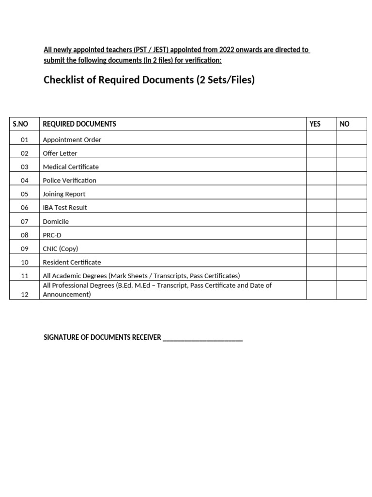 Documents Verification Checklist | PDF