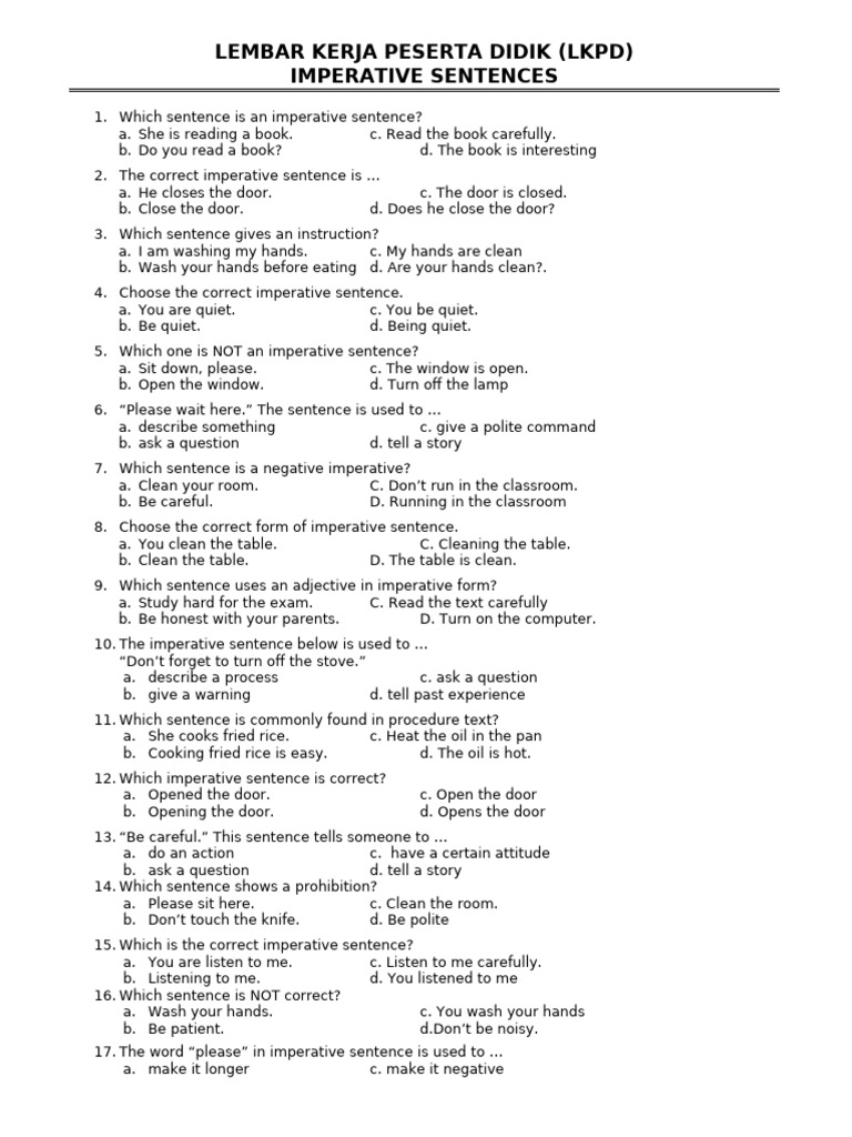 LKPD Multiple Choice Imperative Sentences Kelas Ix | PDF | Sentence ...