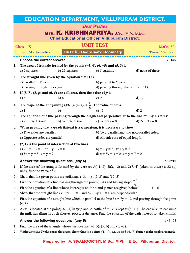 Coordinate Geometry Unit Test Questions | PDF | Line (Geometry) | Euclid
