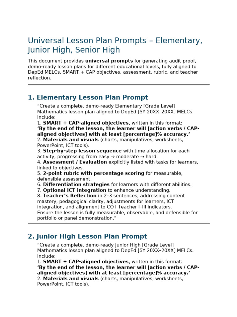 Universal Lesson Plan Prompts for Teachers | PDF | Lesson Plan ...