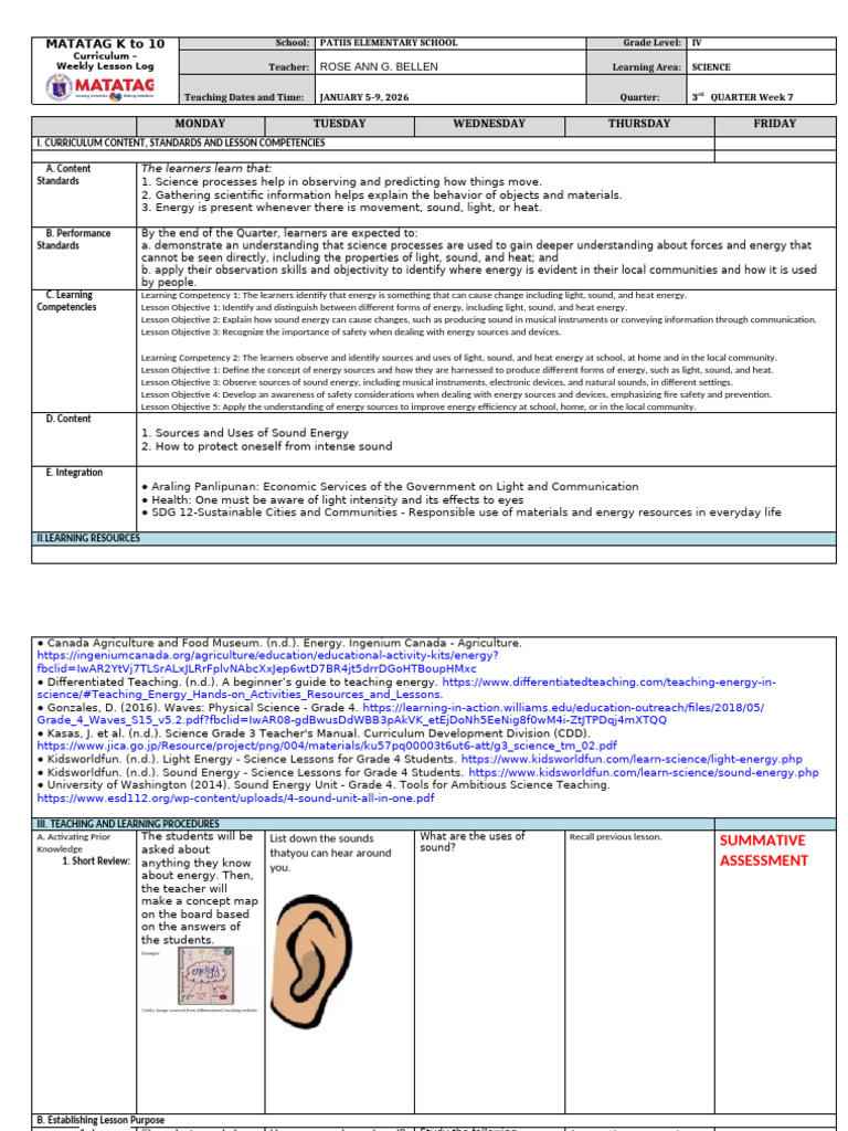 Grade 4 Science Weekly Lesson Log | PDF | Sound | Learning