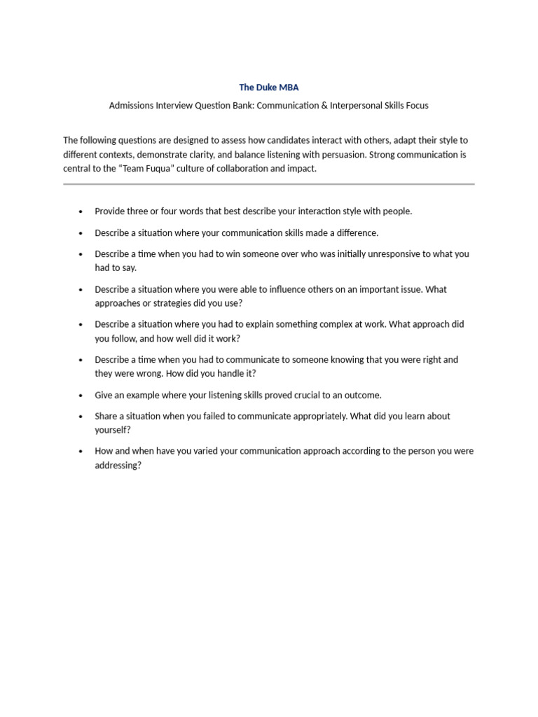 Duke MBA Interview Questions: Communication Skills | PDF