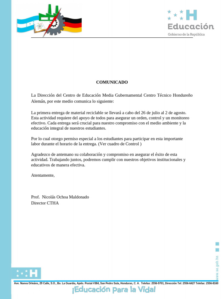 Comunicado Para Reciclaton Primer Entrega | PDF