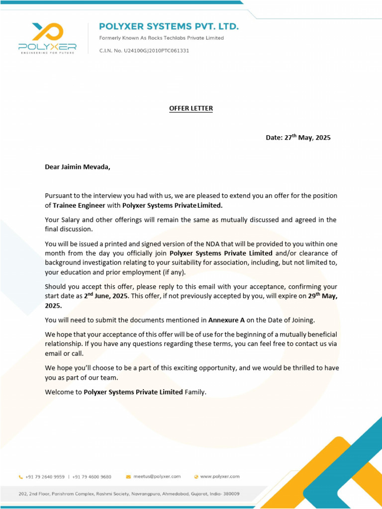 Offer Letter - Jaimin Mevada | PDF