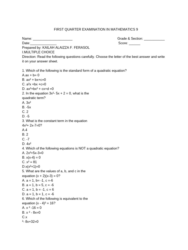 Tos Questionnaire. Kailah | PDF | Quadratic Equation | Mathematical ...