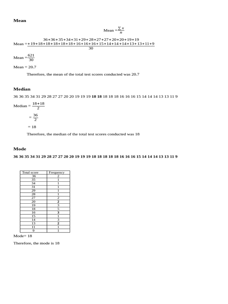 Mean, Median, Mode and Standard Deviation of Test Conducted | PDF ...