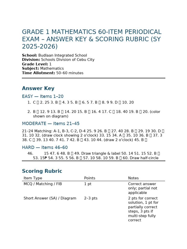 Grade 1 Math Exam Answer Key & Rubric | PDF