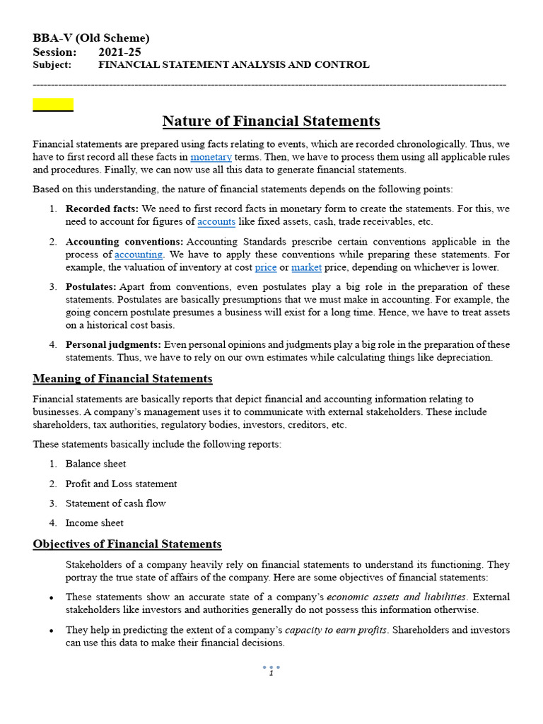 Financial Statements and Analysis Notes | PDF | Financial Statement ...