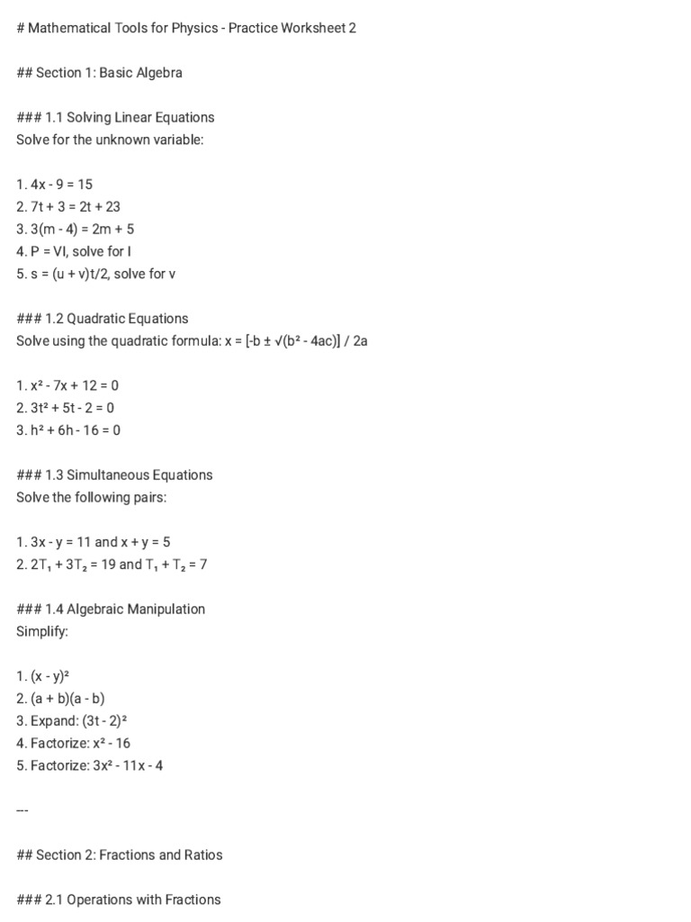 Algebra and Physics Practice Worksheet | PDF | Slope | Logarithm