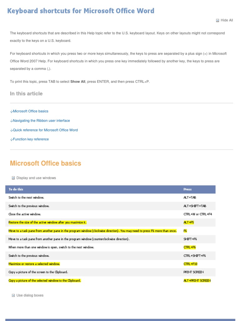 Microsoft Word Keyboard Shortcuts Guide | PDF | Keyboard Shortcut ...