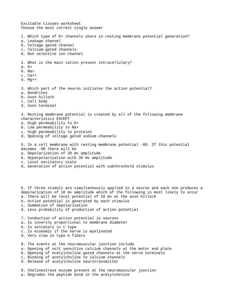 Excitable Tissues Worksheet With Answers | PDF | Action Potential ...