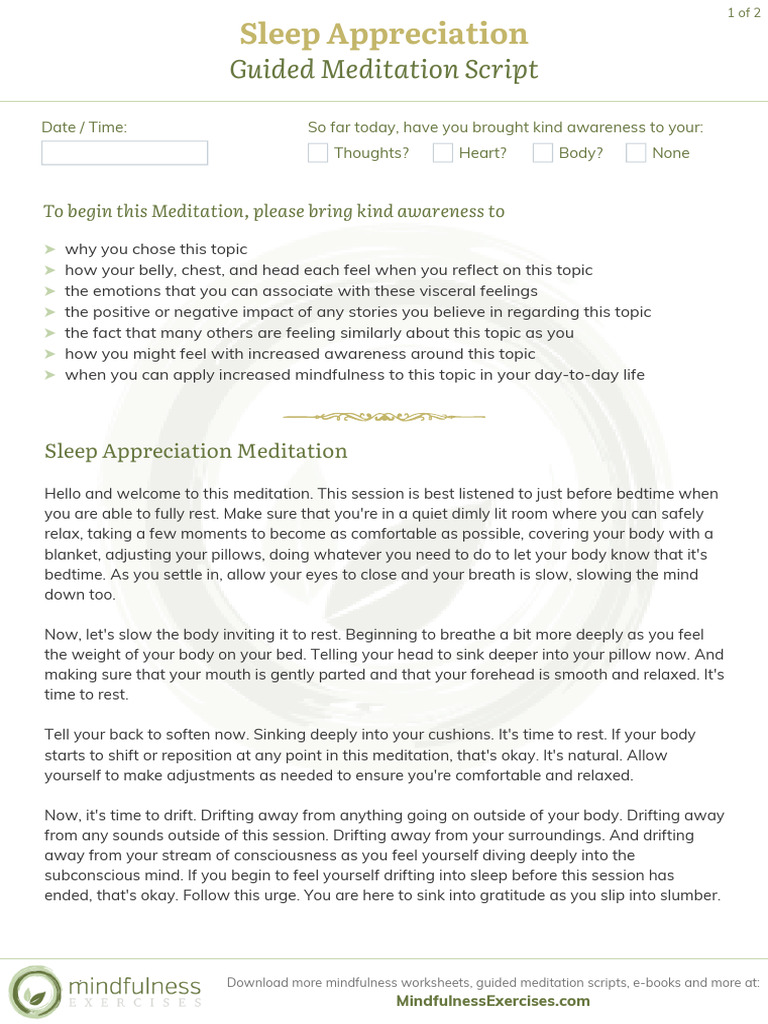 Sleep Appreciation, Guided Meditation Script | PDF | Meditation ...