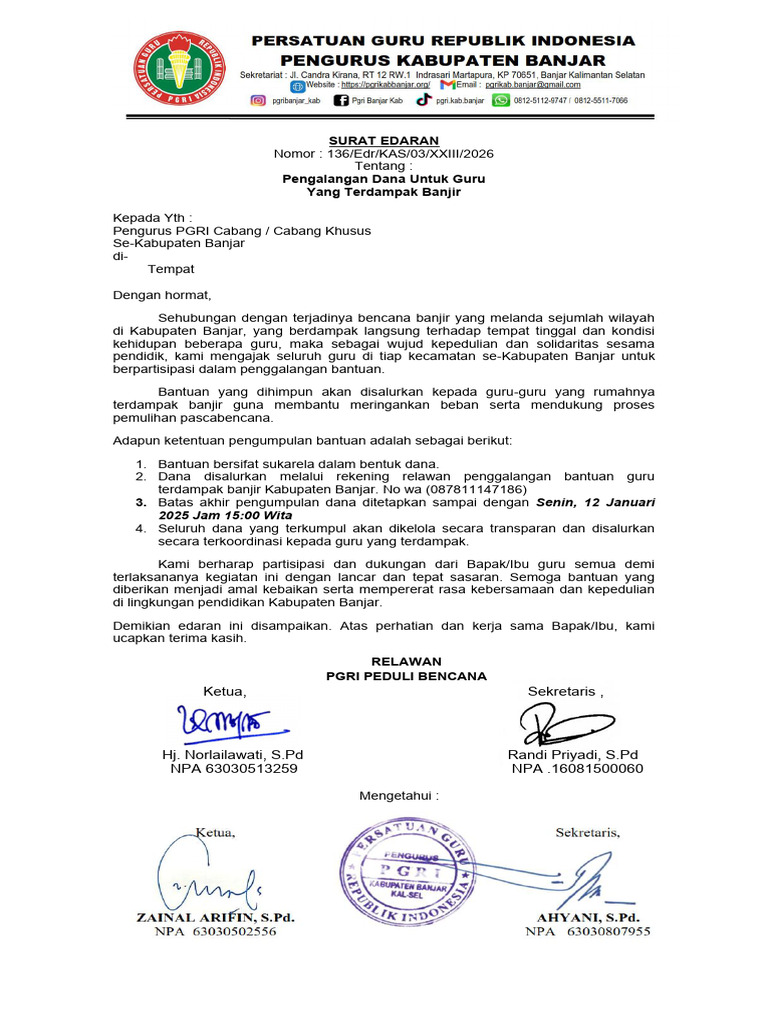 Surat Edaran Bantuan Guru Terdampak Banjir Kabupaten Banjar | PDF