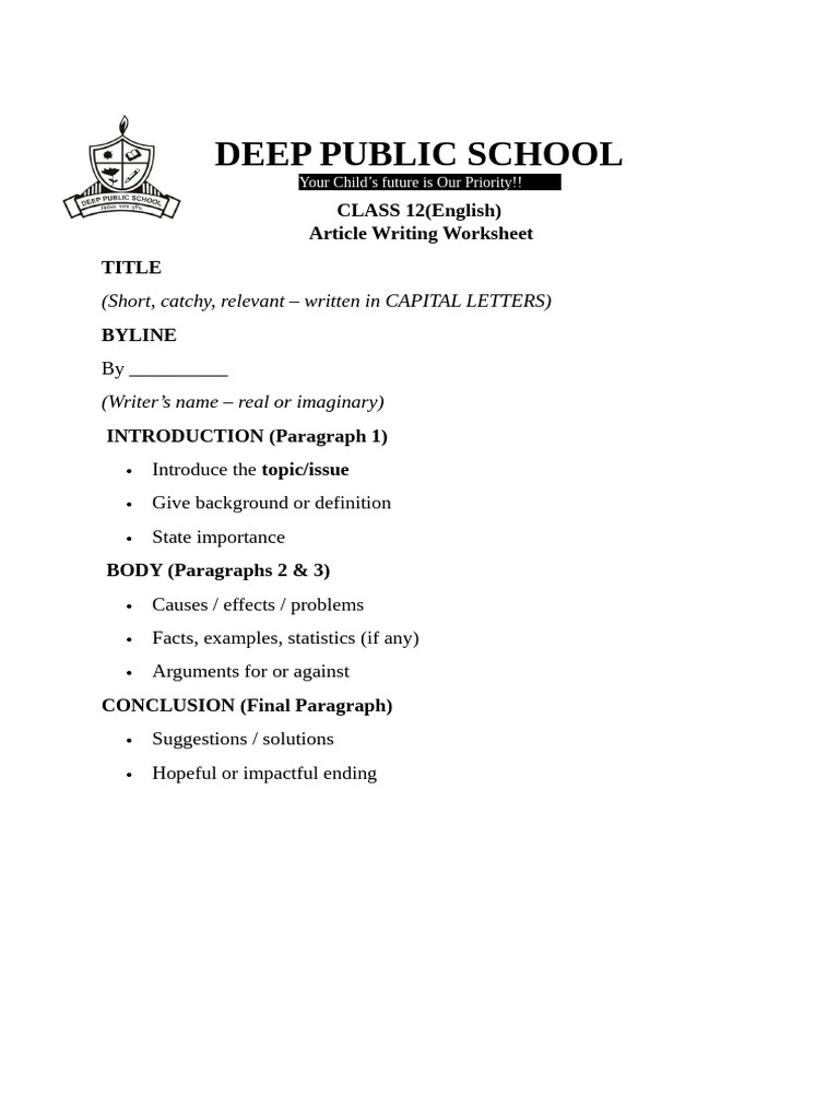 Class 12 English Article Writing Worksheet | PDF