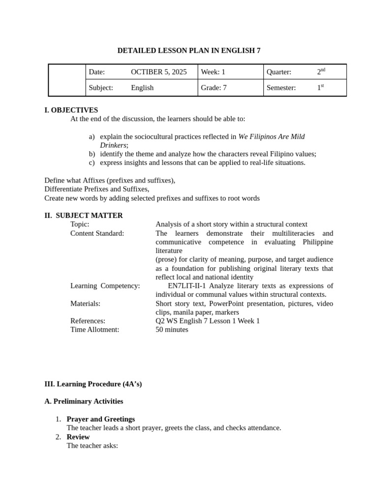 Exemplar Lesson Plan in English 7 | PDF | Lesson Plan | English Language