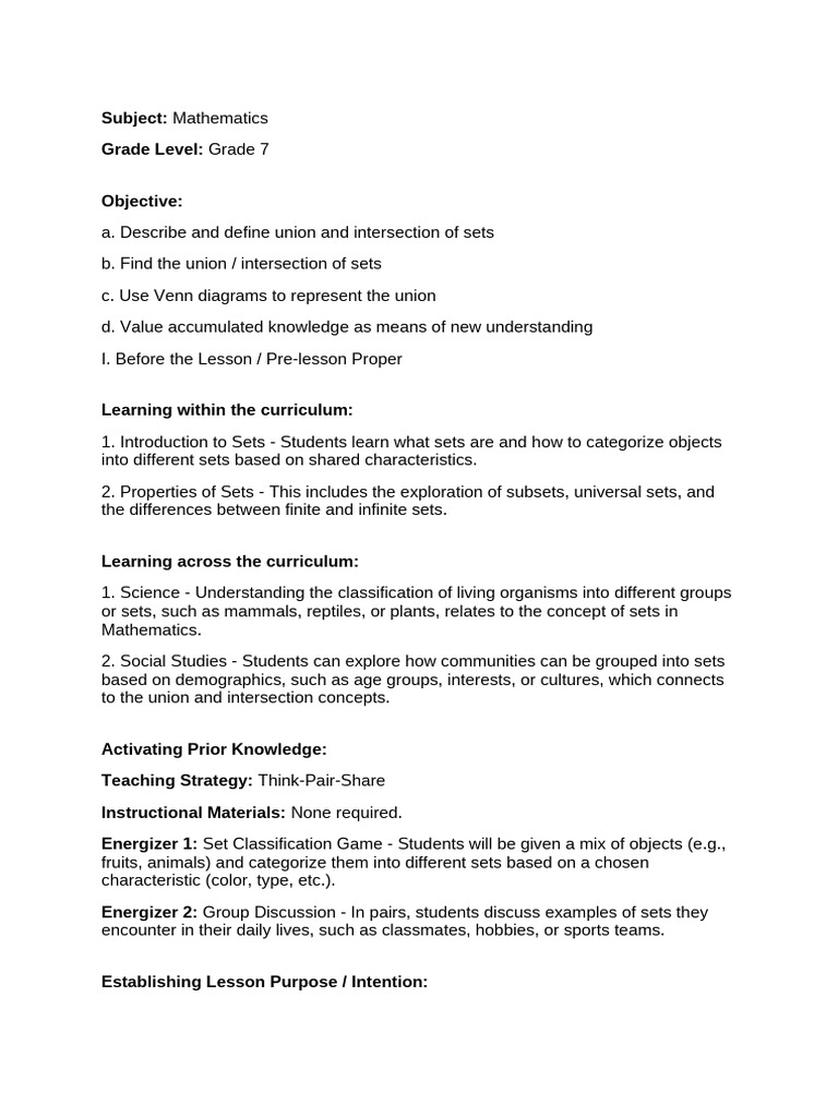 Union and Intersection of Sets in 7th Grade | PDF | Set (Mathematics ...