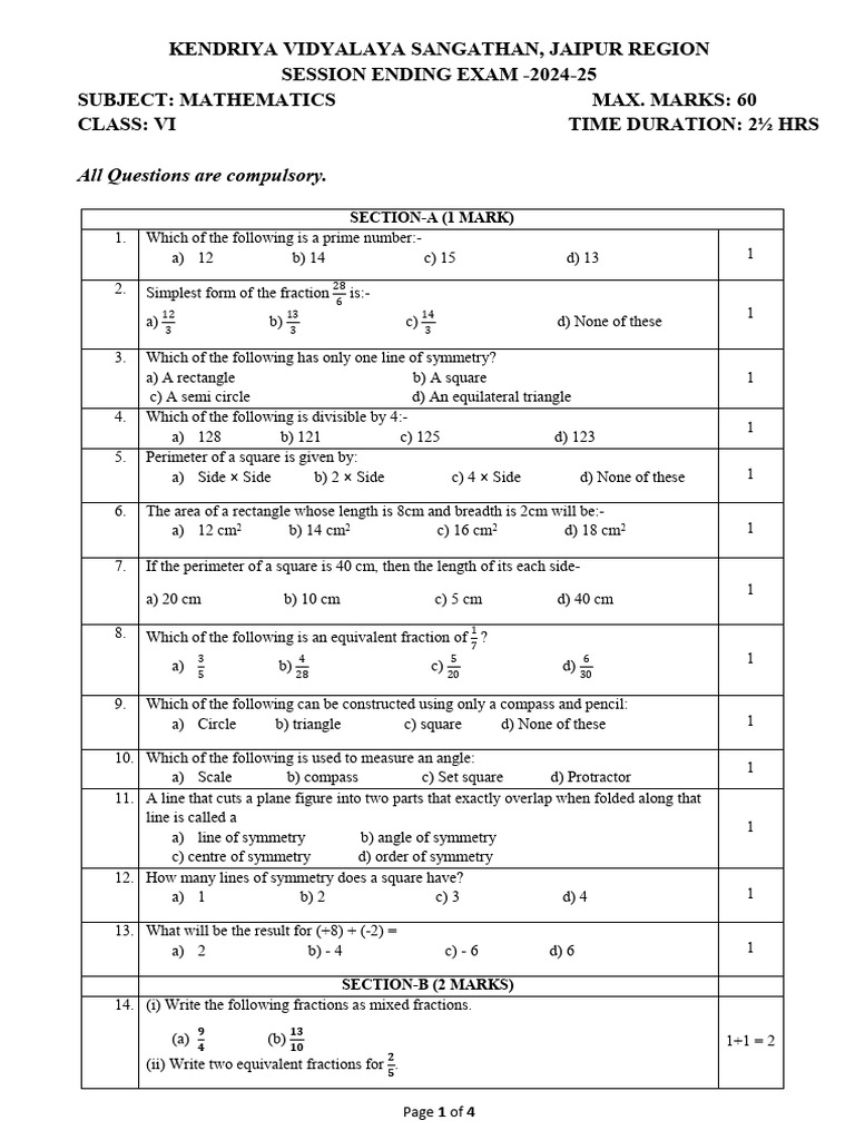 Class VI Mathematics Exam Paper 2024 | PDF | Area | Rectangle