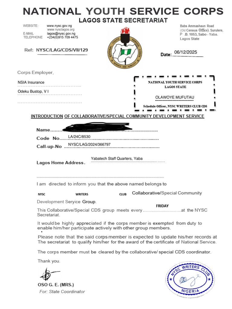 NYSC Lagos Collaborative CDS Notification | PDF | Social Institutions ...