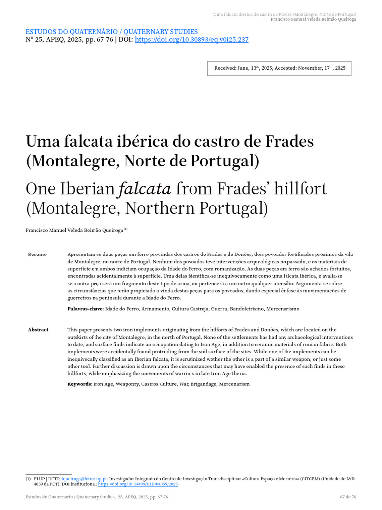 Uma falcata ibérica do castro de Frades (Montalegre, Norte de Portugal ...