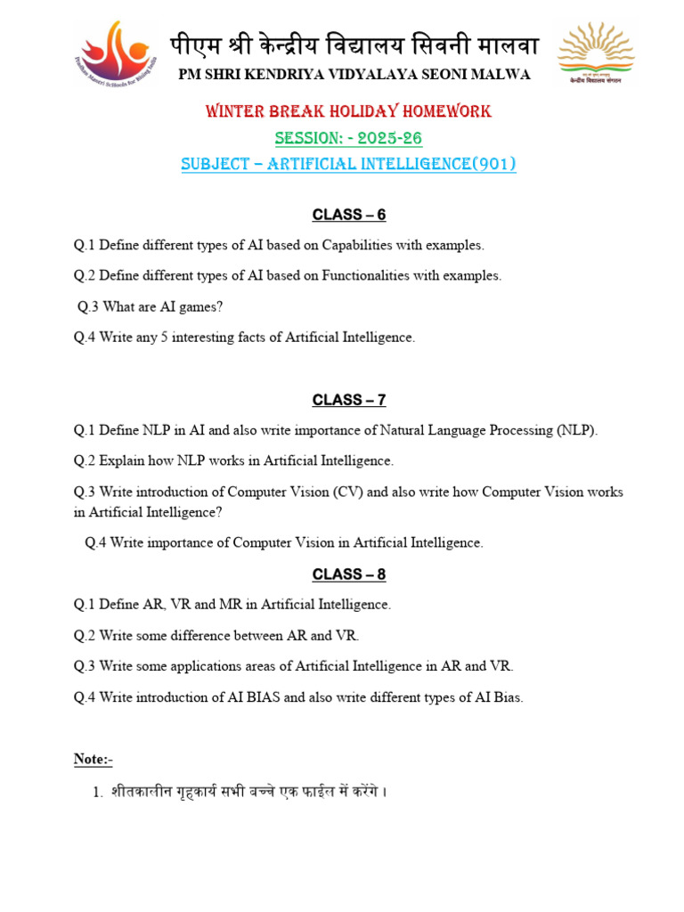 Ai Winter Break Holiday HW 2025-26 (Class 6 To 8) | PDF