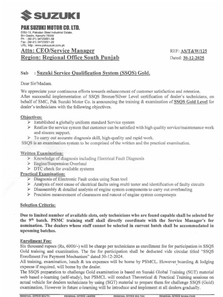 Training For SSQS Gold Level Jan-26 (South Punjab Region) | PDF