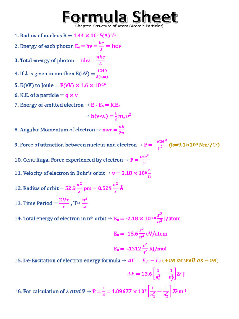Formula Sheet Chem CH 2 | PDF | Atomic Orbital | Electron
