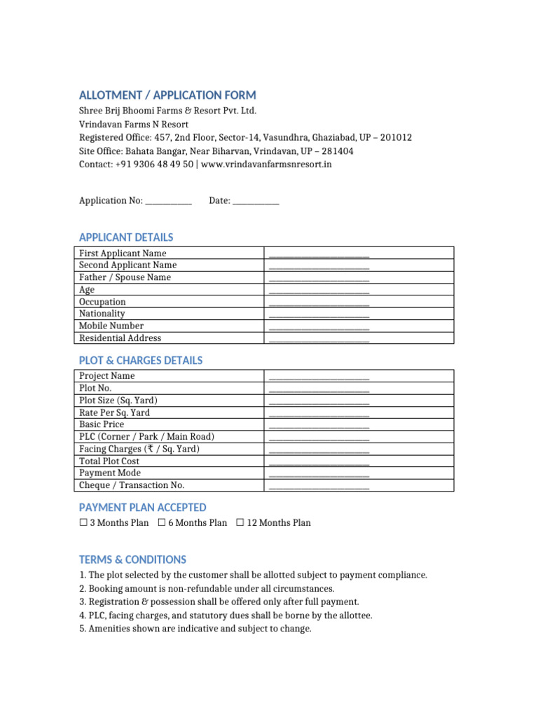 KRS Style Allotment Application Form Vrindavan Farms REUPLOAD | PDF