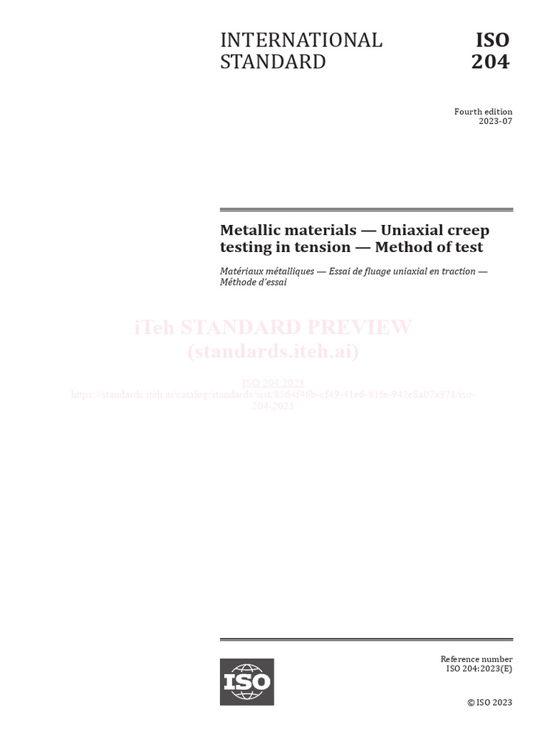 ISO 204:2023 Uniaxial Creep Testing | PDF | Fracture | International ...