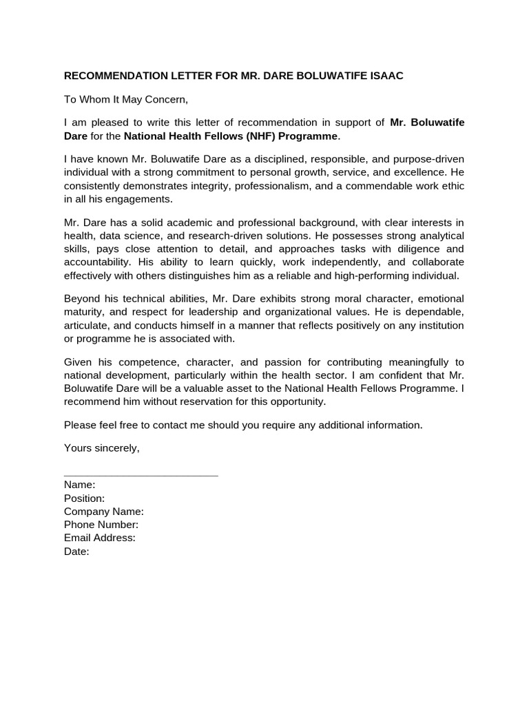 Recommendation Letter For MR Dare Boluwatife | PDF