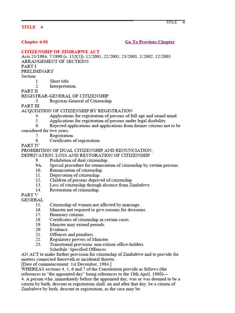 Zimbabwe Citizenship Act Overview | PDF | Citizenship | International Law