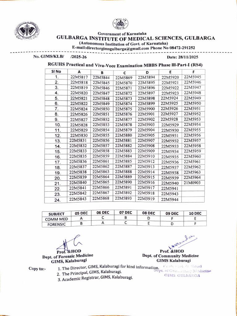 GIMS Gulbarga MBBS Exam Schedule 2025-26 | PDF