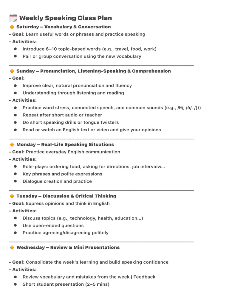 ? Weekly Speaking Class Plan | PDF